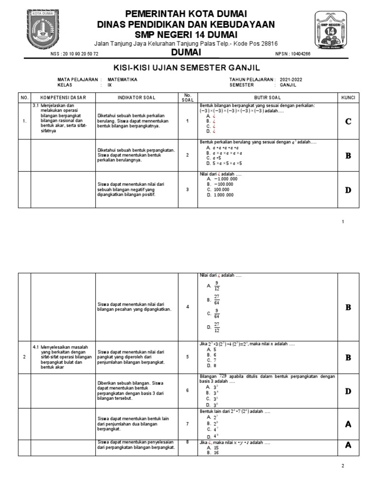 Kisi-Kisi Soal Ujian Semester Kelas 9 MTK | PDF