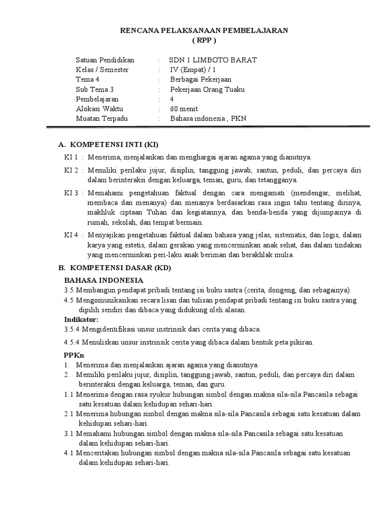 RPP Kelas 4 Tema 4 Suptema 3 Lisna Hulopi | PDF