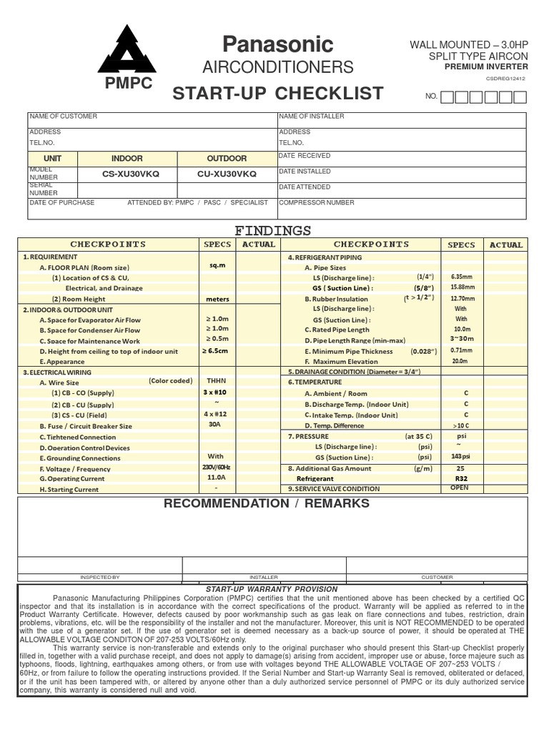 Csu-Xu30vkq (Premium Inv) Start-Up Checklist | PDF | Air Conditioning ...