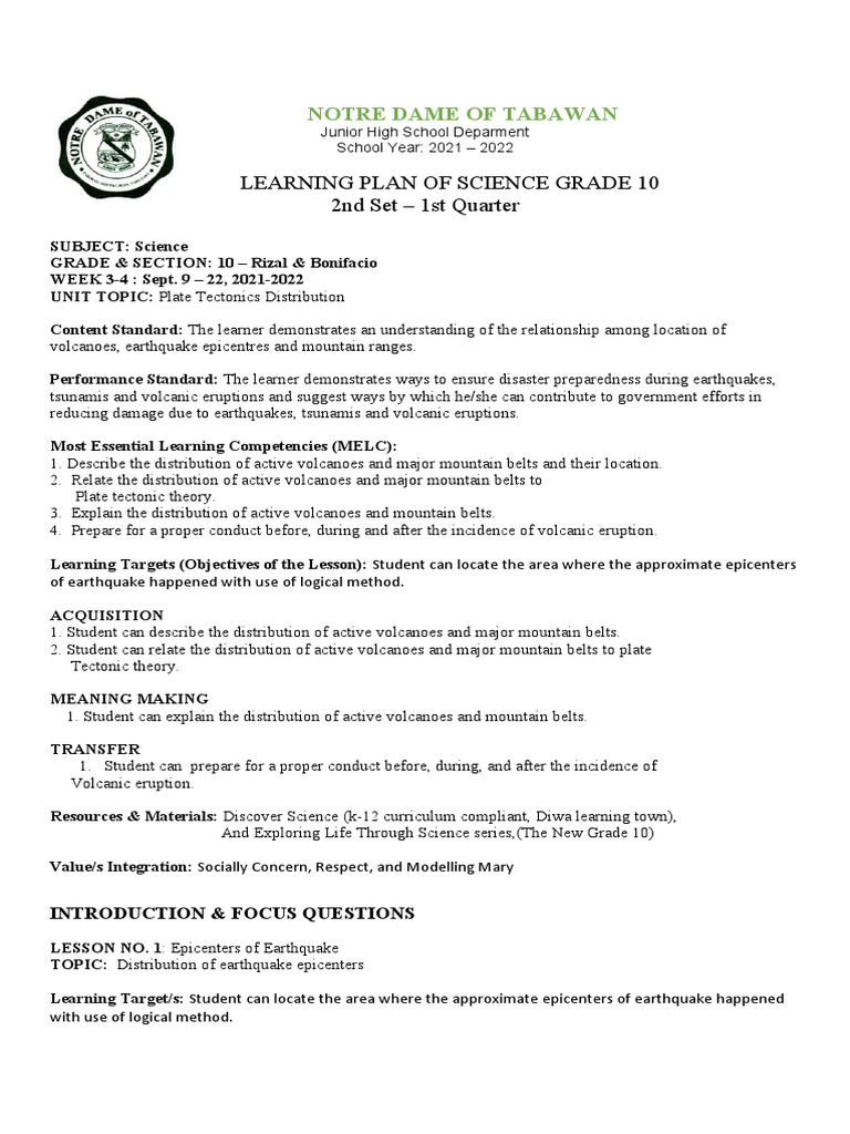 Grade 10 Science Learning Plan: Plate Tectonics | PDF | Volcano ...