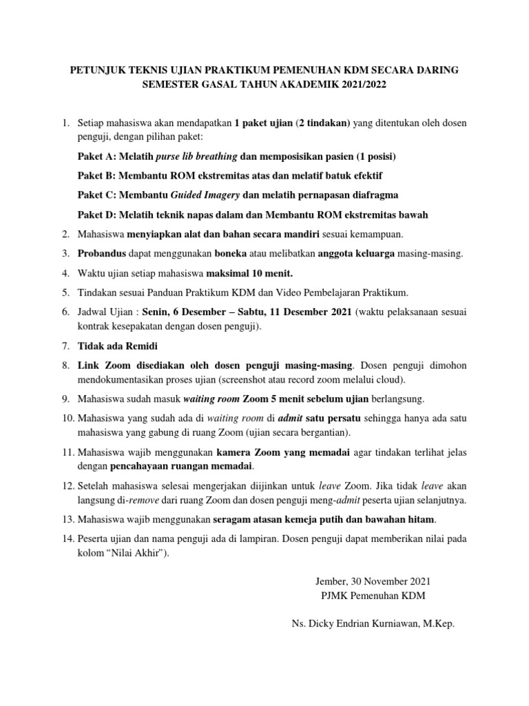 Juknis Ujian Praktikum Pemenuhan KDM Via Zoom Daring | PDF