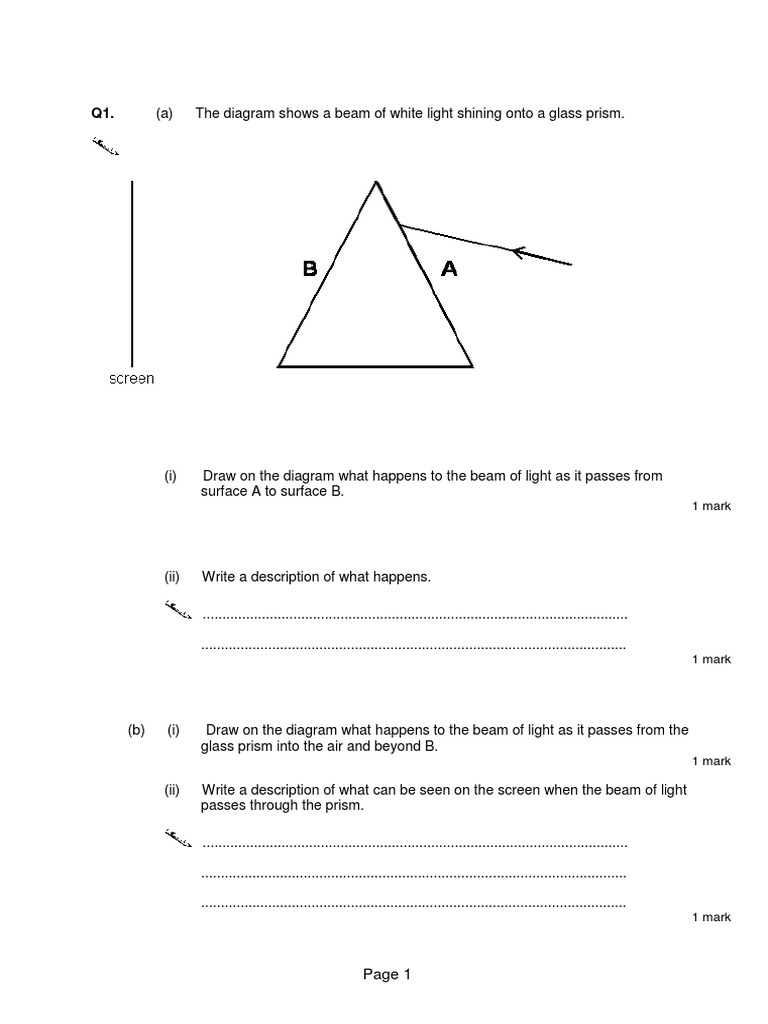 Q1. (A) The Diagram Shows A Beam of White Light Shining Onto A Glass ...