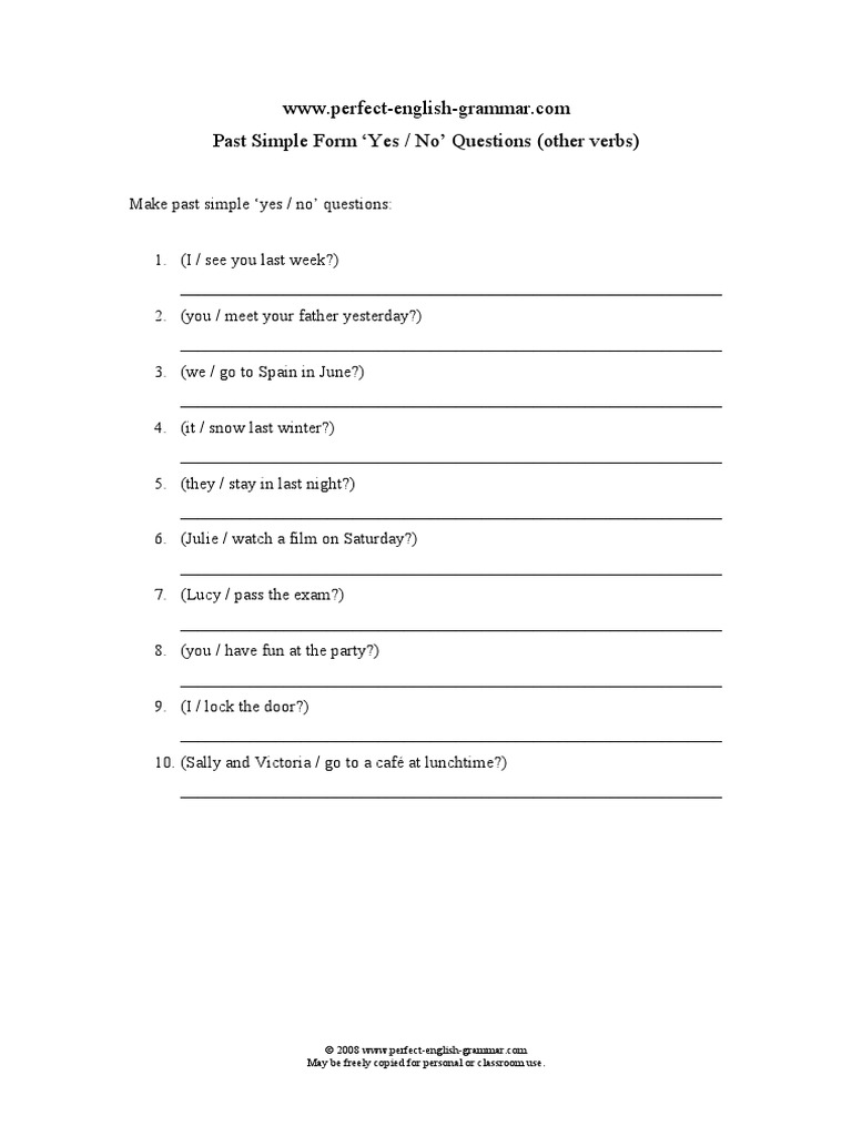 Past Simple Form With Other Verbs Yes No Questions | PDF