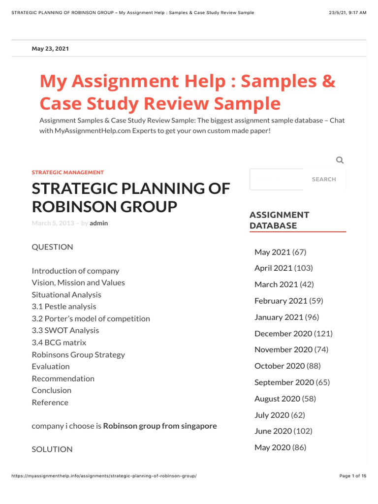 STRATEGIC PLANNING OF ROBINSON GROUP - My Assignment Help: Samples & Case Study Review Sample ...
