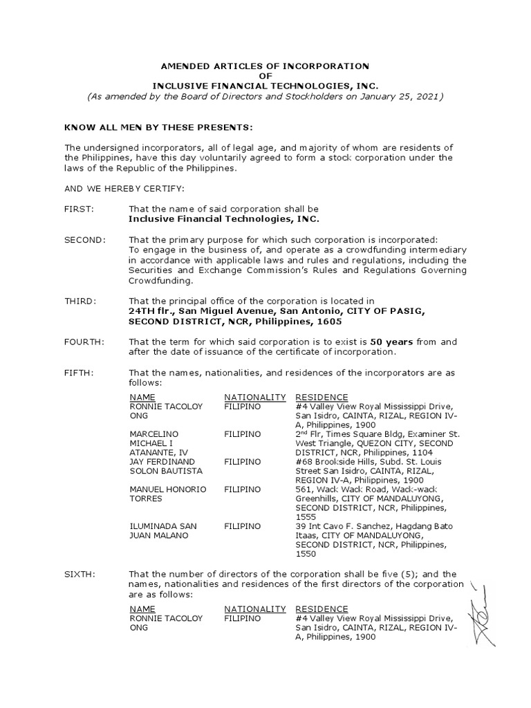 Amended Articles of Incorporation | PDF | Metro Manila | Philippines