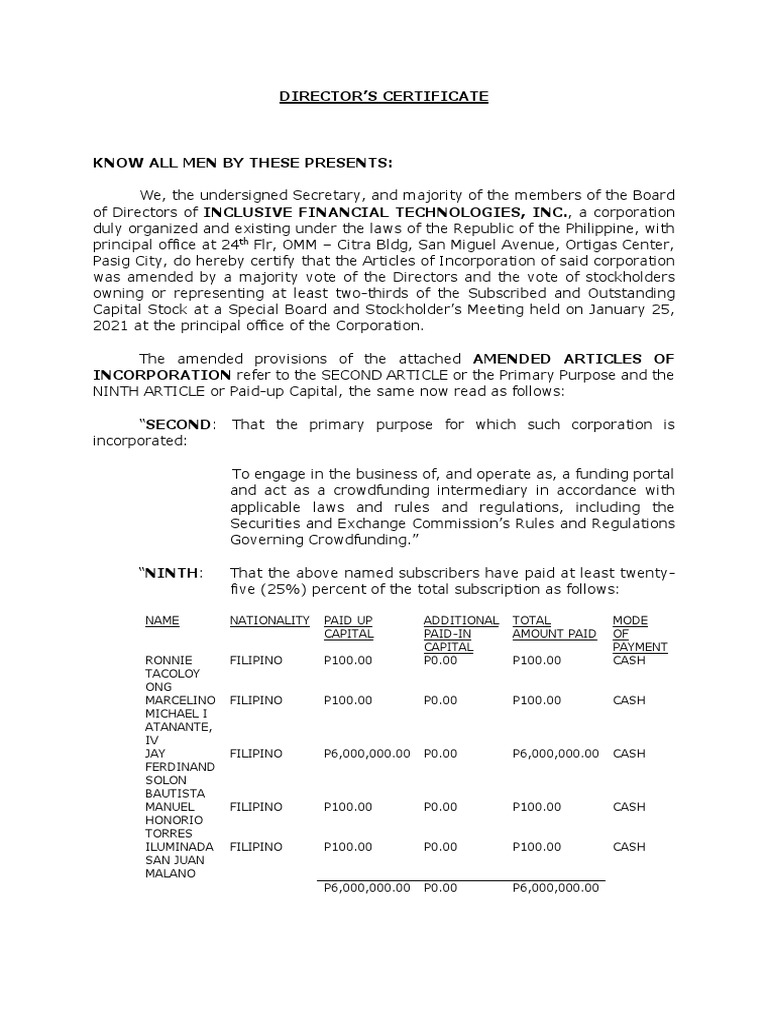 Director's Certificate | PDF | Corporations | Business