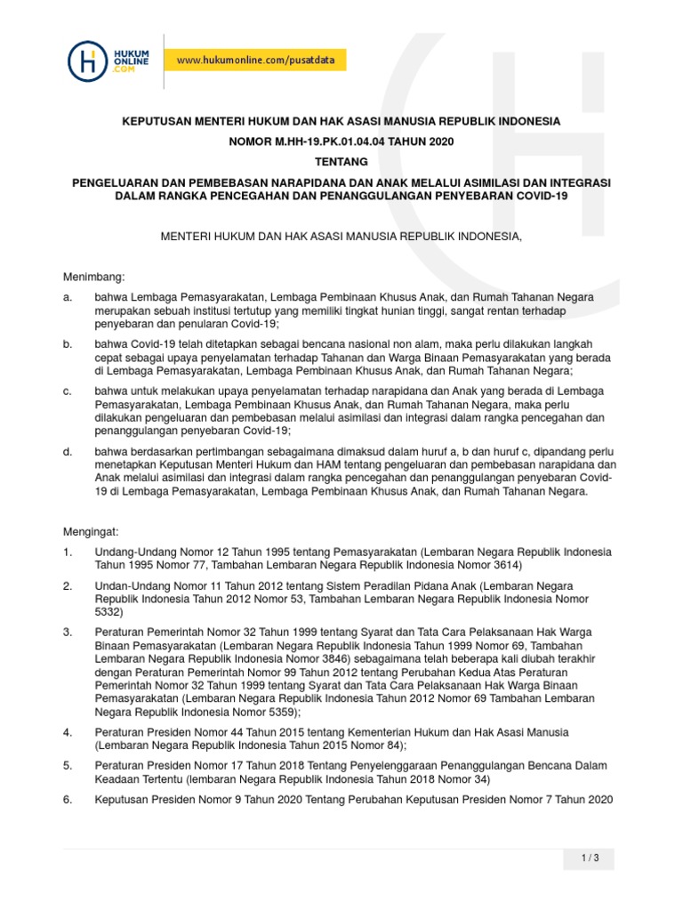 Keputusan Menteri Hukum Dan Hak Asasi Manusia Nomor M HH 19 PK 01-04-04 Tahun 2020-2 | PDF