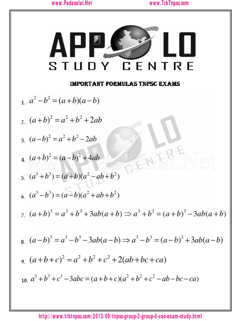 TNPSC Maths Important Formulas | PDF | Interest | Equations