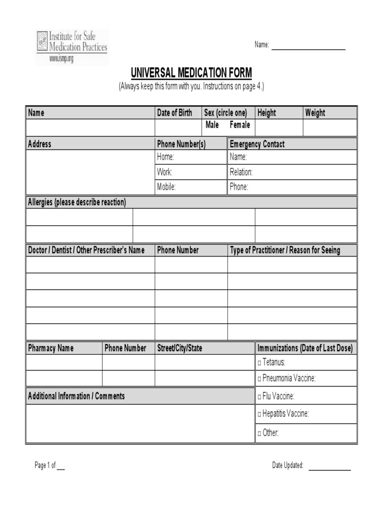 Universal Medication Form: (Always Keep This Form With You ...