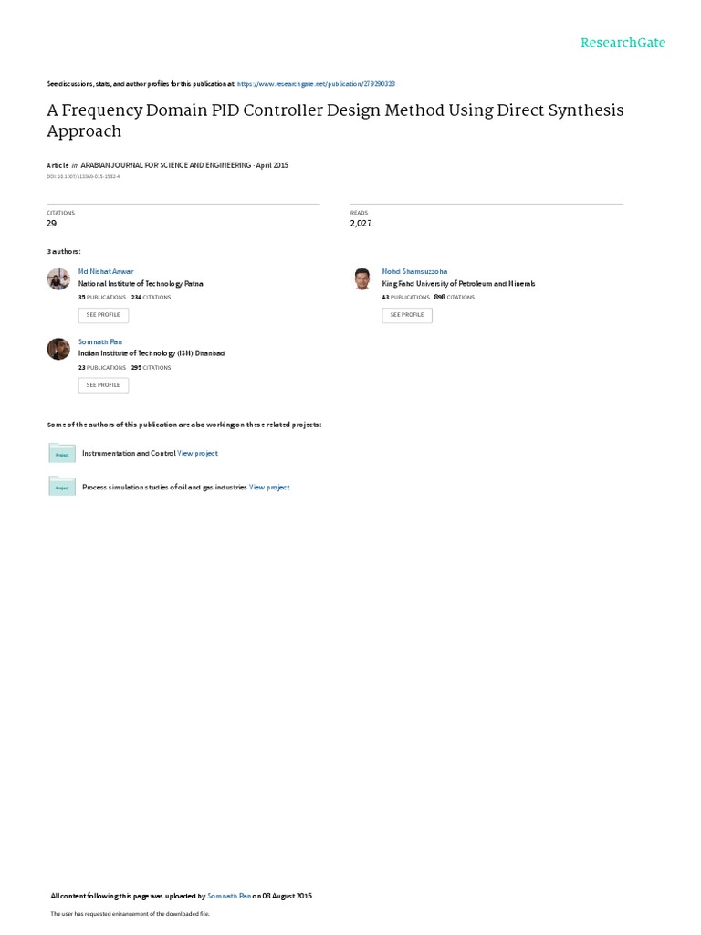 A Frequency Domain PID Controller Design Method Using Direct Synthesis ...