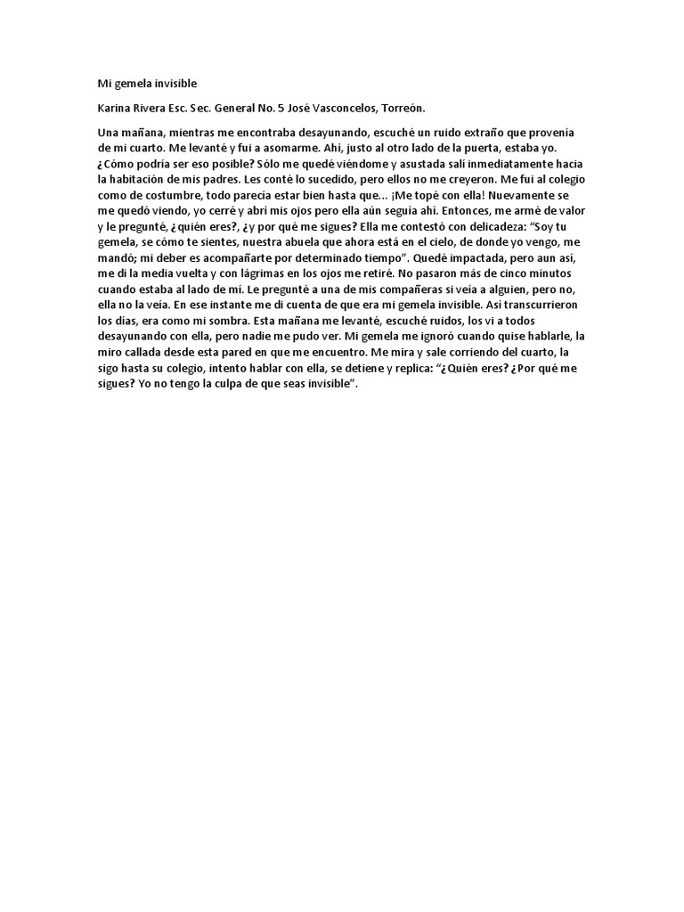 Cuento. Mi Gemela Invisible | PDF