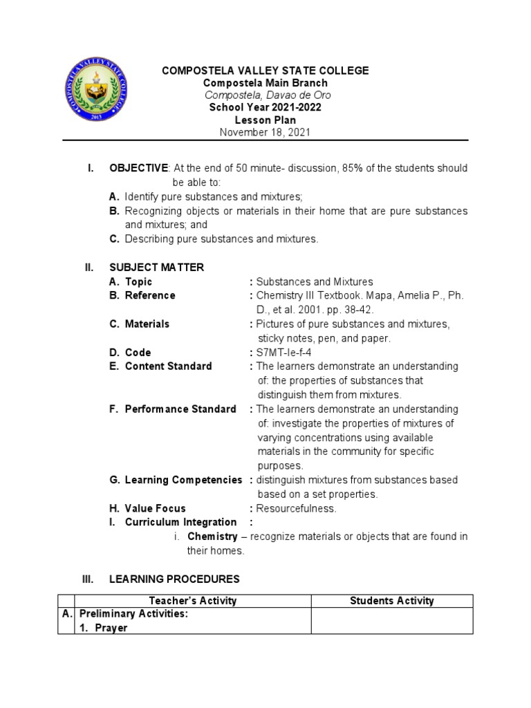 Group 1 Lesson Plan 3 Substances and Mixtures | Download Free PDF ...