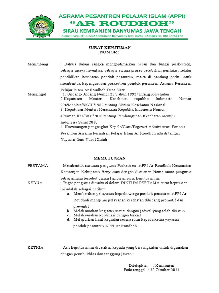 Struktur Pengurus Poskestren APPI Ar Roudhoh | PDF