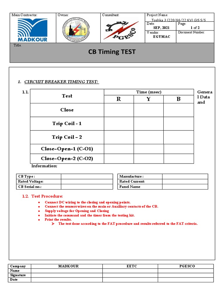 Circuit Breaker Timing Test Report for Toshka 3 (220/66/22 KV) GIS ...
