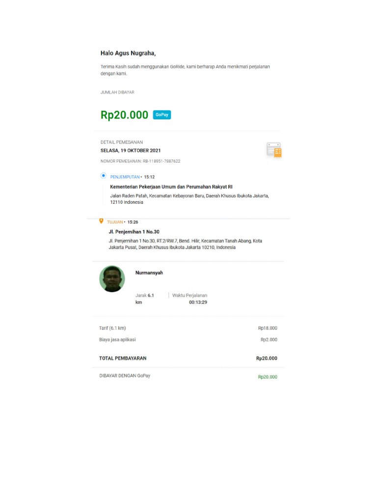 Struk Gojek ANug - PUPR Pattimura Ke Kantor CMC - TGL 19 Dan 25 Okt ...