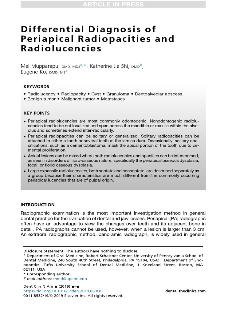 Differential Diagnosis of Periapical Radiolucencies and Radiopacities ...