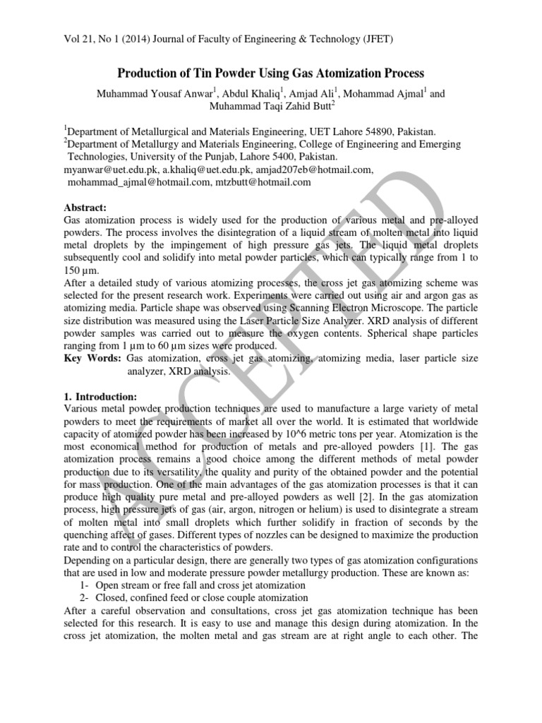Production of Tin Powder Using Gas Atomization Process | PDF | Gases ...