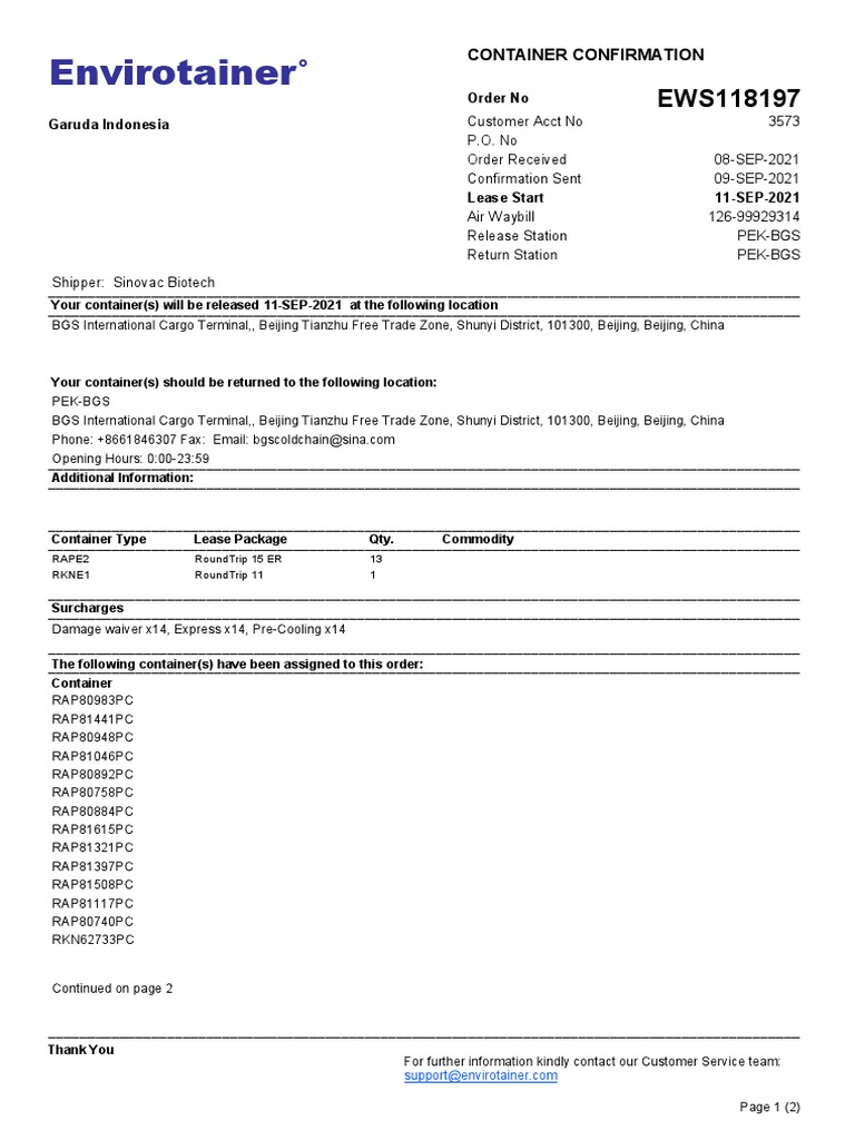 Envirotainer°: Container Confirmation | PDF | Lease | Cargo