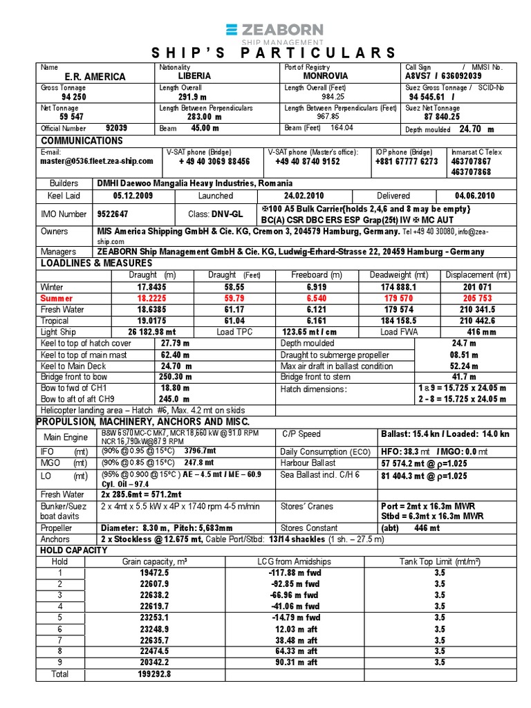 Ship'S Particulars: E.R. America | PDF | Tonnage | Naval Architecture
