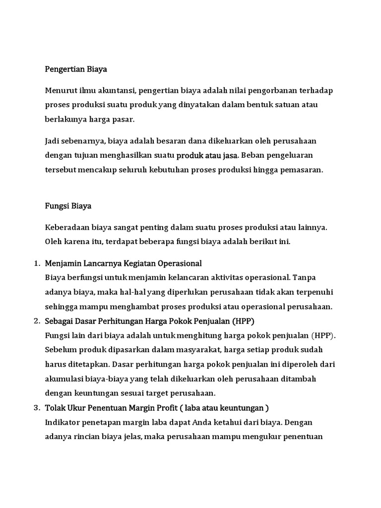 Pengertian dan Fungsi Biaya dalam Akuntansi | PDF