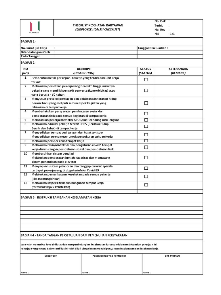 Checklist Kesehatan Karyawan Dfgs | PDF
