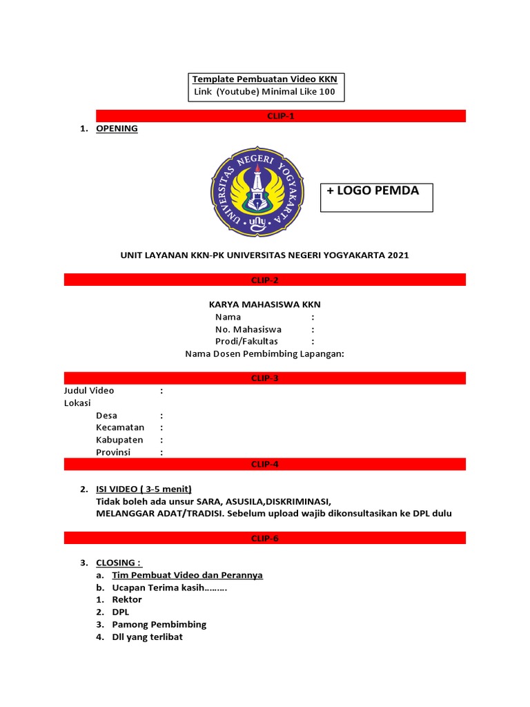 Template Pembuatan Video KKN Link Youtube | PDF