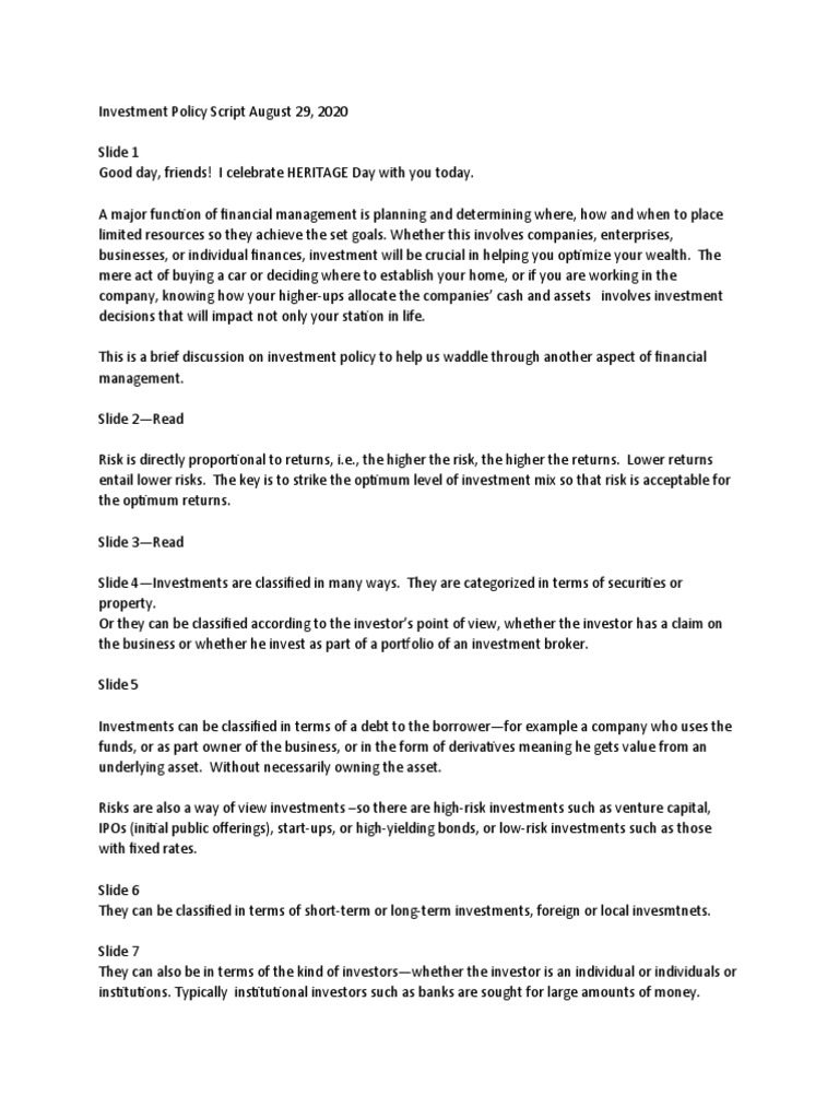 Investment Policy Script August 29 | PDF | Investing | Investor