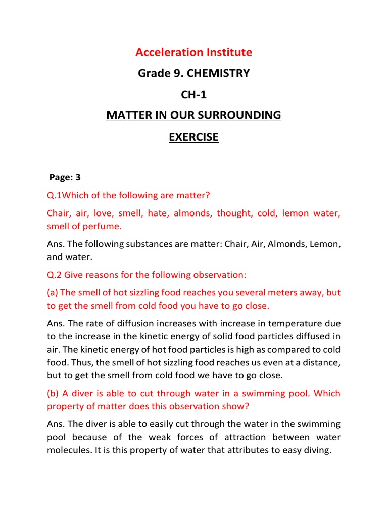 Grade 9. CHEMISTRY CH-1 Matter in Our Surrounding Exercise ...