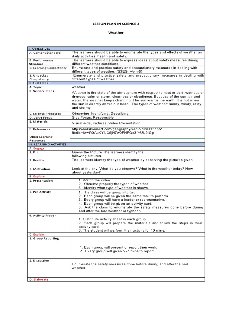 Lesson Plan in Science 3 Weather: Engage | PDF | Weather | Learning