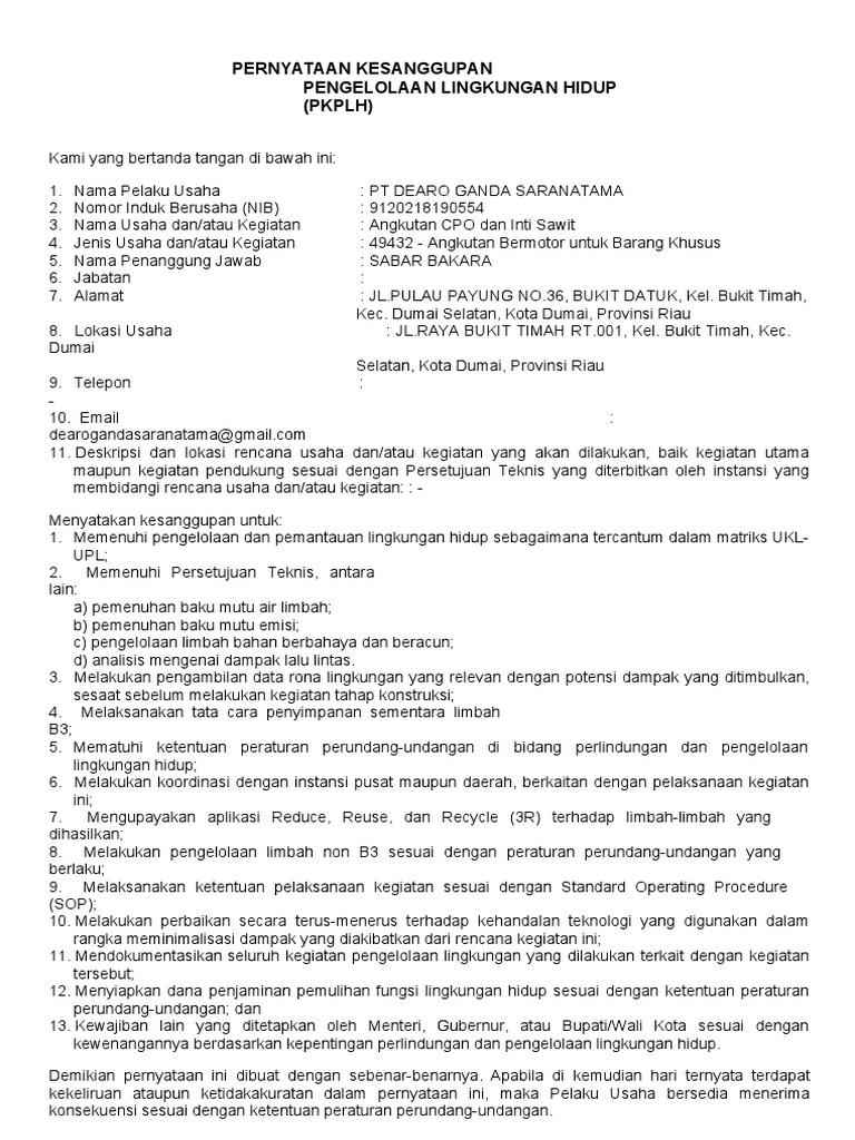 Pernyataan Kesanggupan PKPLH | PDF