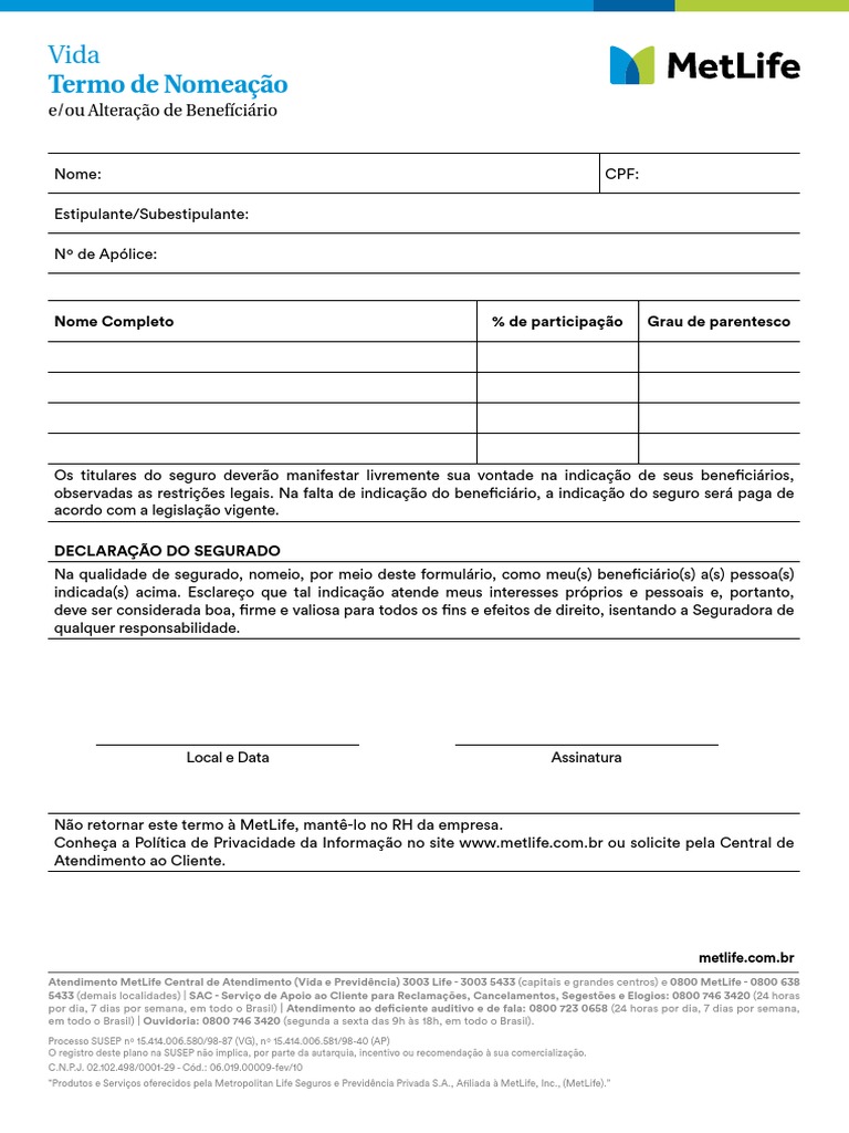 Formulário Seguro de Vida Metlife | PDF
