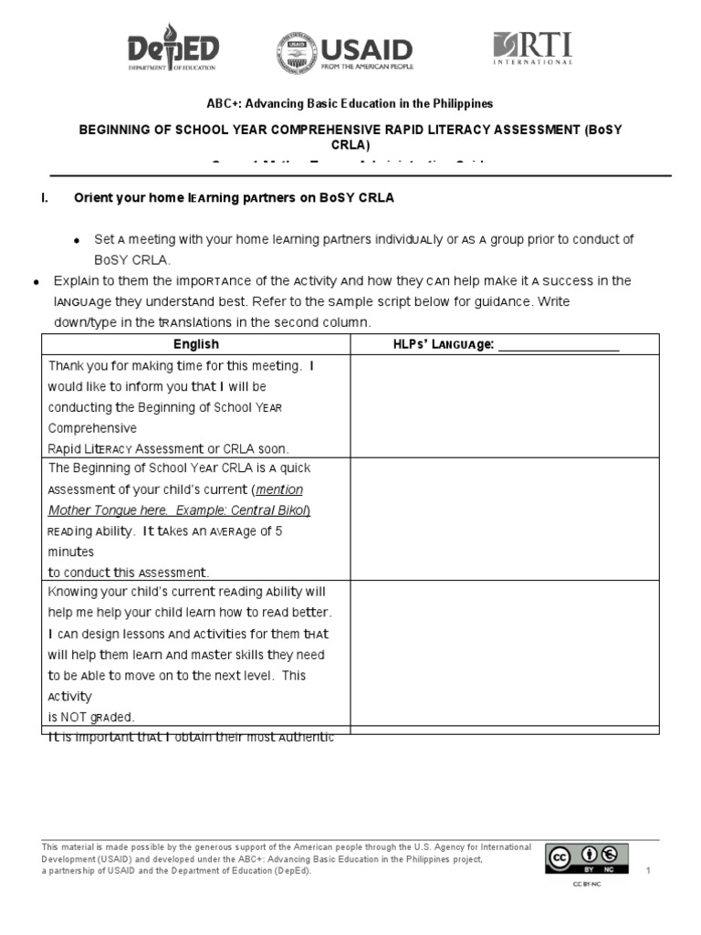 BoSY CRLA Grade 1 MT Administration Guide | PDF | Literacy | Human Communication