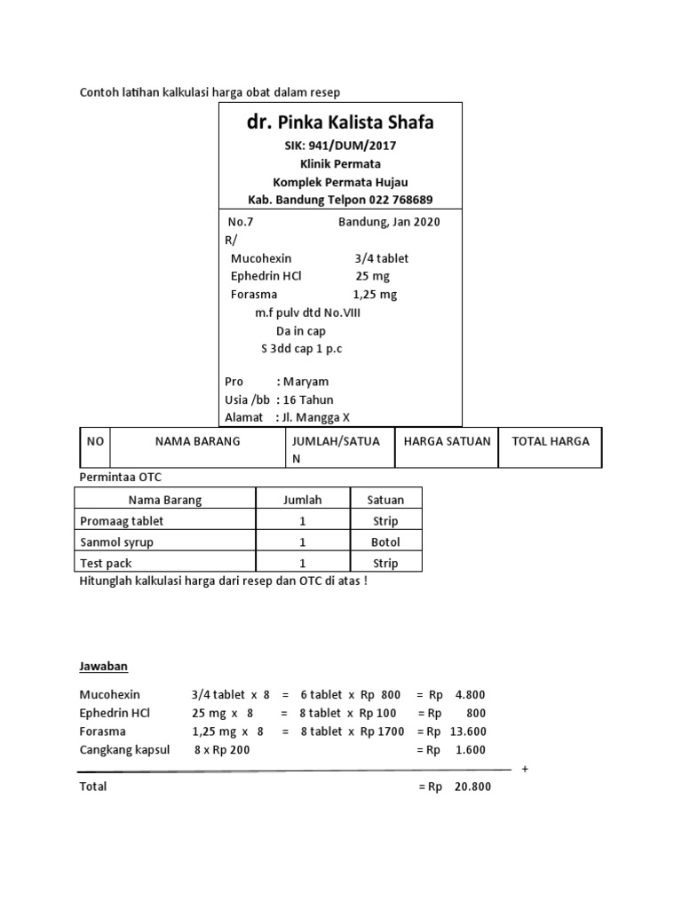 Contoh Latihan Kalkulasi Harga Obat Resep Dan OTC | PDF