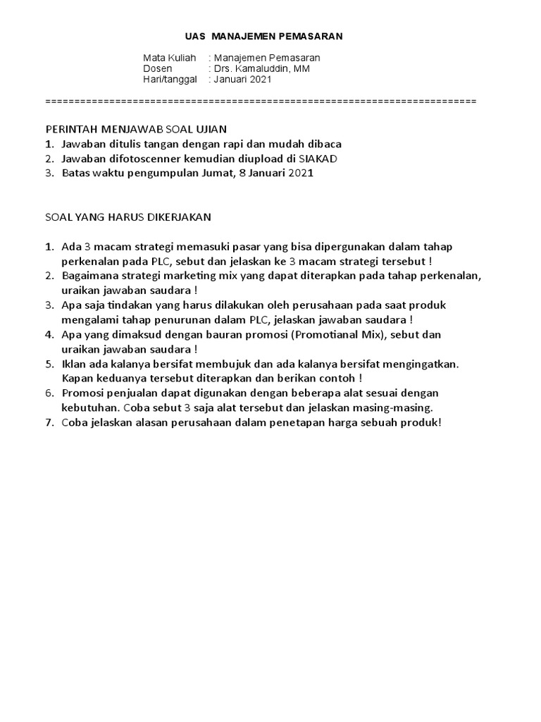 UAS Manajemen Pemasaran | PDF | Karier & Perkembangan | Bisnis