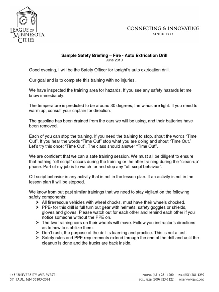 Safety Briefing for Auto Extrication Drill Outlining Key Hazards, PPE ...