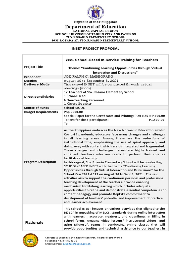 2021 School Based Inset Proposal-Jrcm | PDF | Metro Manila ...