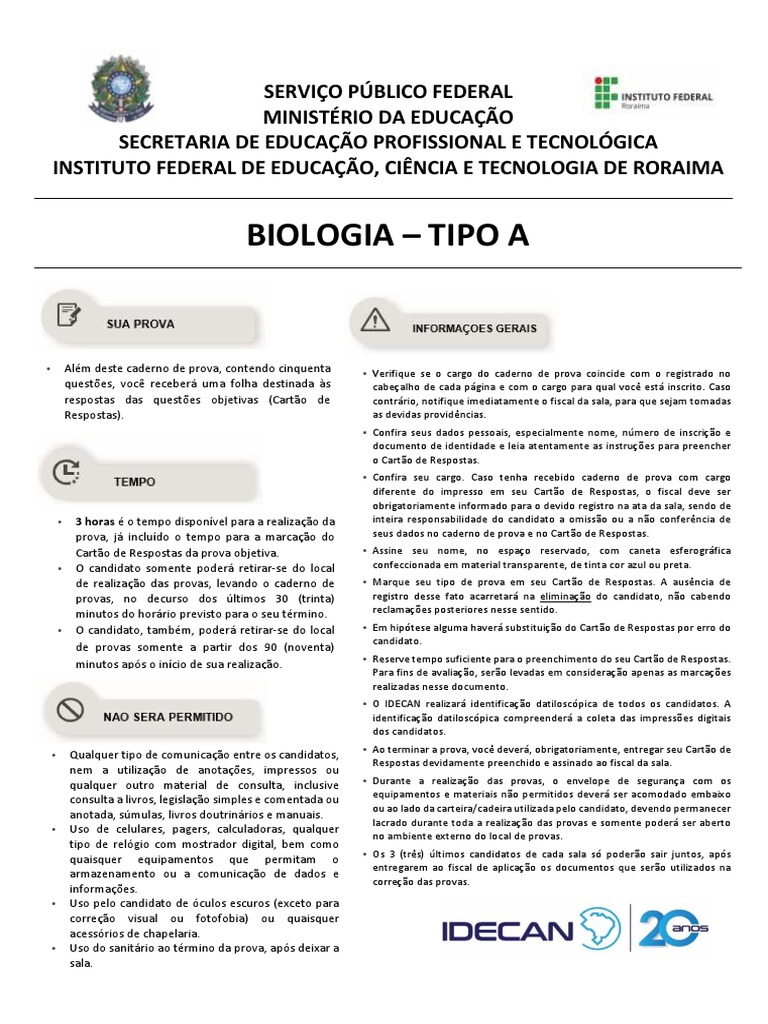 Idecan 2020 If RR Professor Biologia Prova | PDF