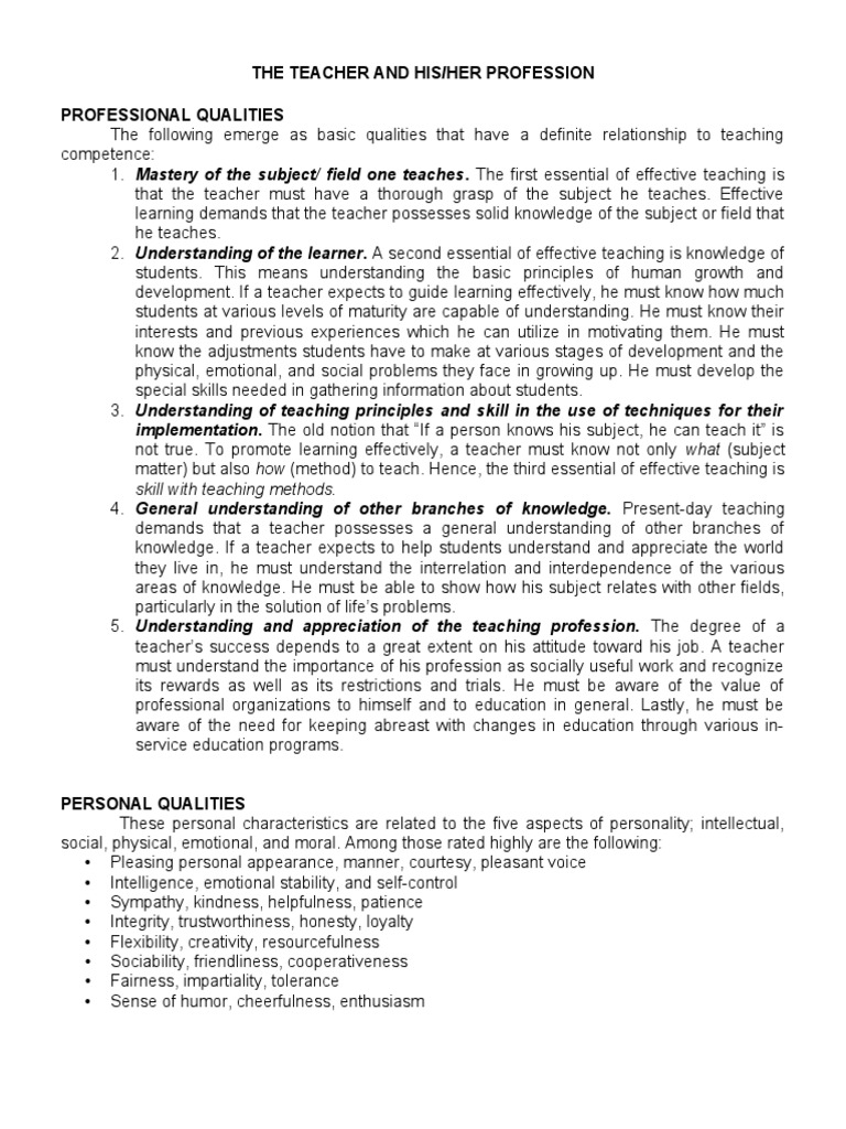 The Teacher and His/Her Profession Professional Qualities | PDF ...