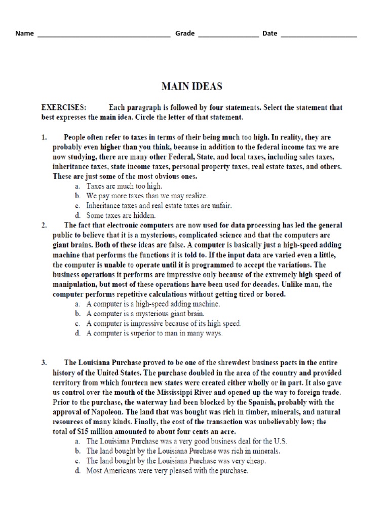 Main Idea Exercises | PDF