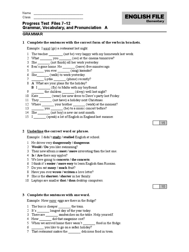Progress Test Files 7-12 Grammar, Vocabulary, and Pronunciation A | PDF ...