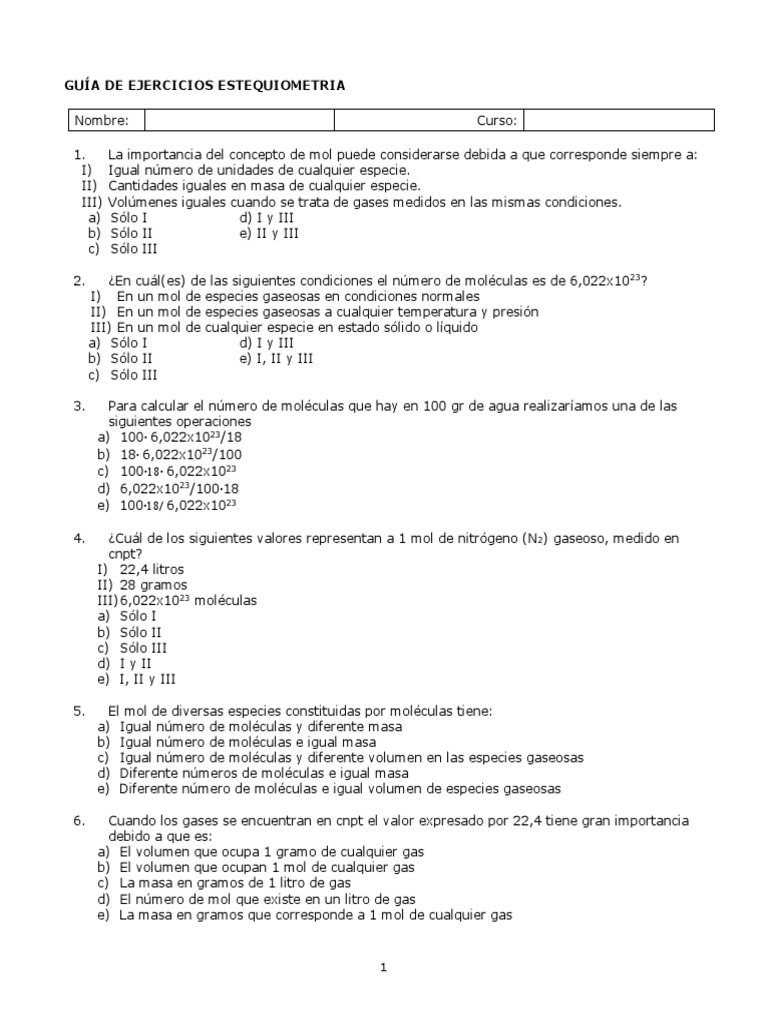 Ejercicios Concepto de Mol | PDF | Mole (Unidad) | Gases