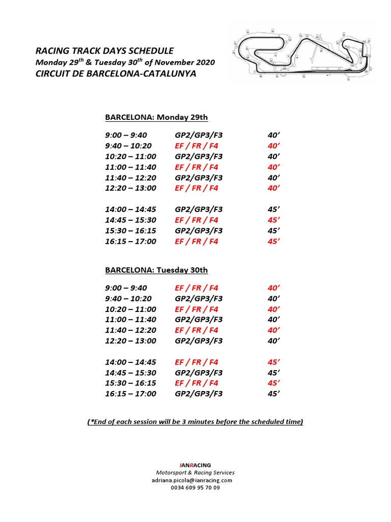 RACING TRACK DAYS SCHEDULE - 29th and 30th of November BARCELONA (V1 ...