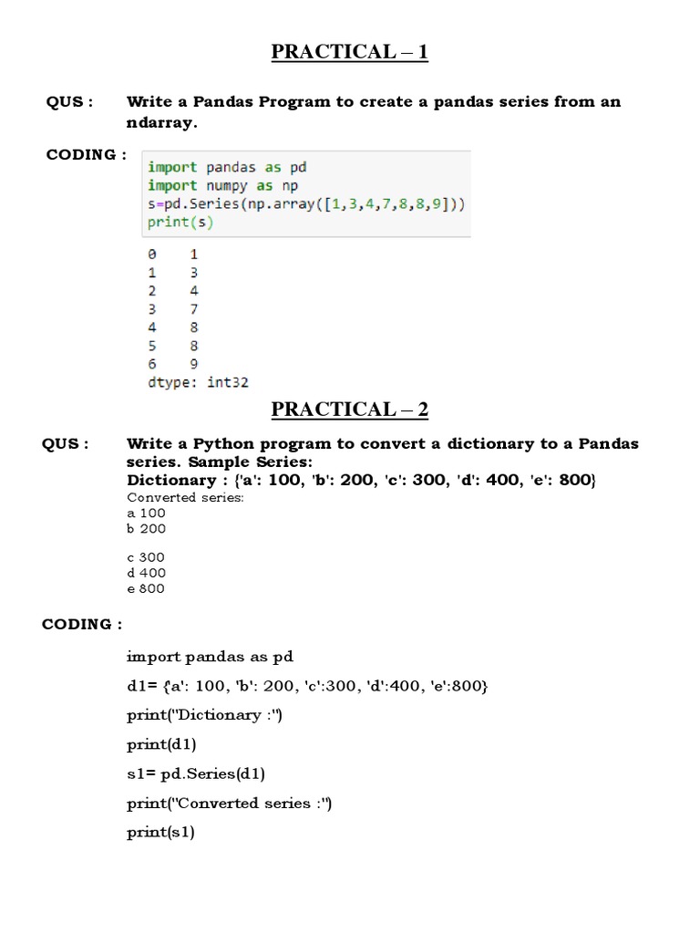 Pandas Series and DataFrame Practicals | PDF | Computing
