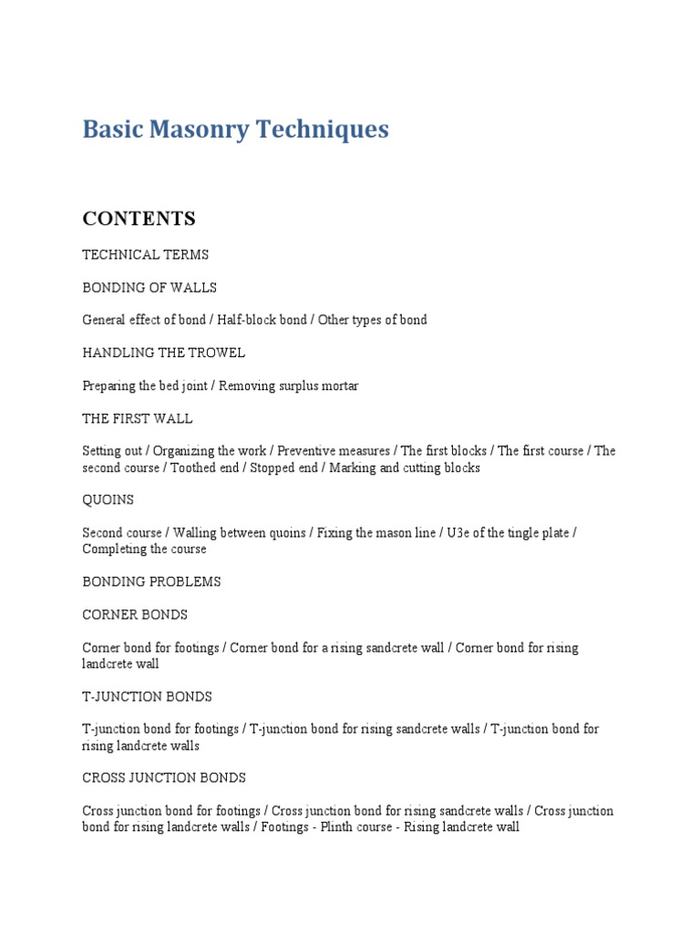 Basic Masonry Techniques | PDF | Building Materials | Architectural Design