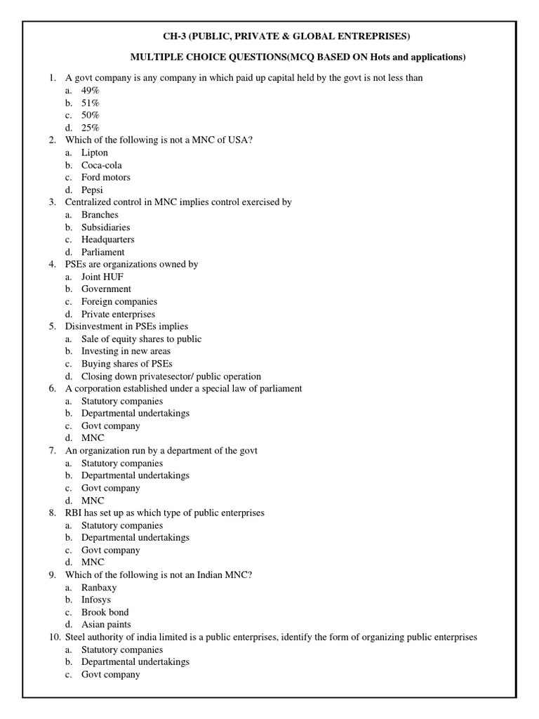 Ch-3 (Public, Private & Global Entreprises) Multiple Choice Questions ...