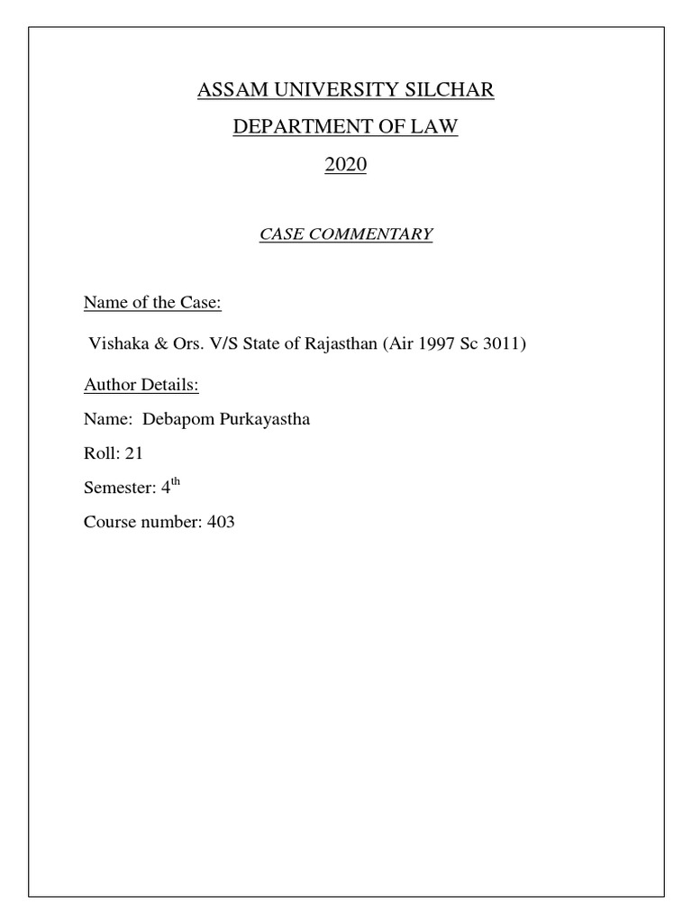 Vishaka Case Commentary: Legal Impact | PDF | Sexual Harassment ...