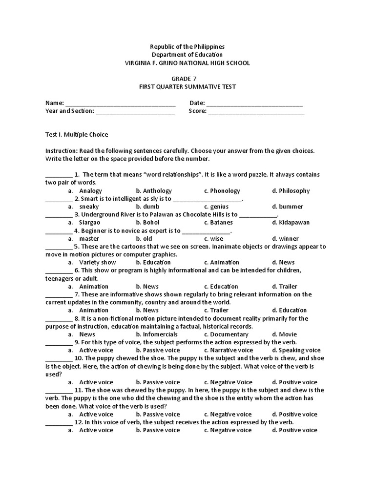Summative Test Grade 7 | PDF | Verb | Animation
