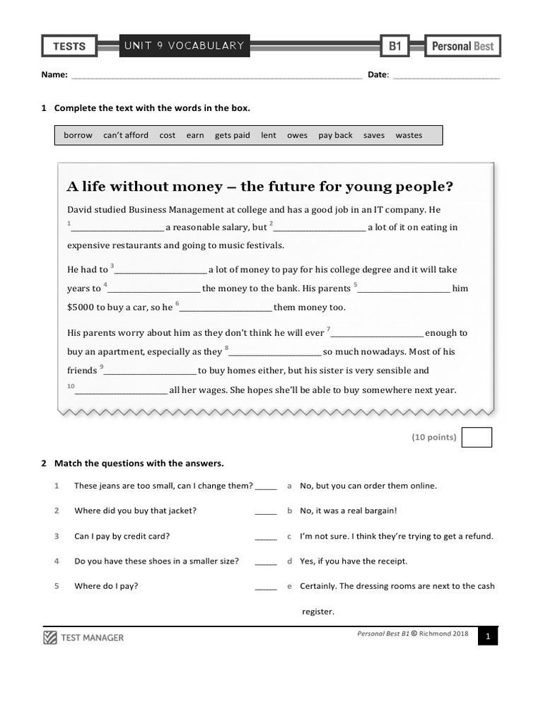 A Life Without Money - The Future For Young People?: Unit 9 Vocabulary ...