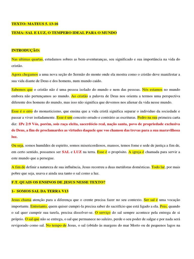 Mateus 5. 13-16 | PDF | Sermão no Monte | Jesus