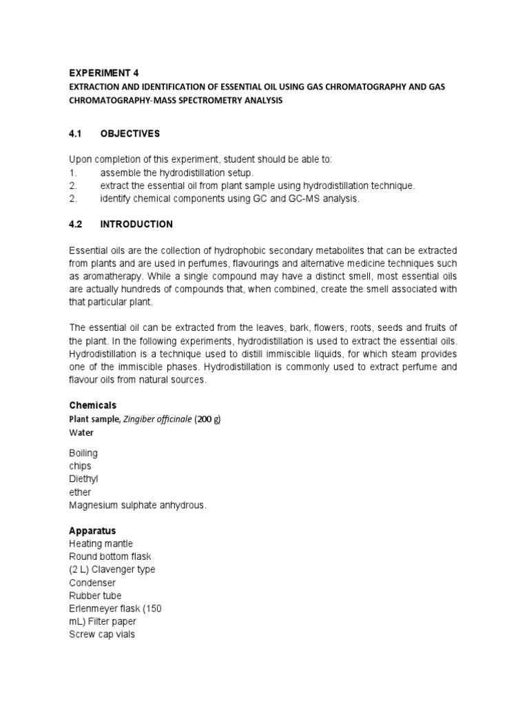 Experiment 4 Extraction and Identification of Essential Oil Using Gas ...